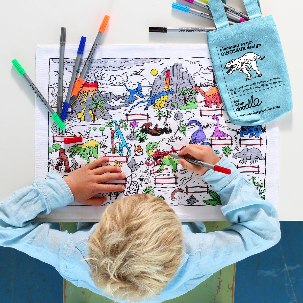dinosaur color-in placemat with washout pens – eatsleepdoodle (USA)